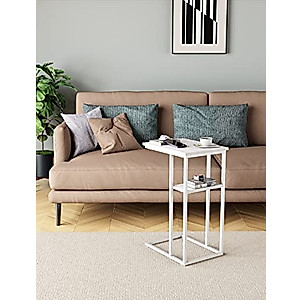 Innerjoin C Shaped End Table, Side Table with Metal Frame, TV Tray Table for Couch, Sofa Table for Living Room Bedroom, Bedside, Rustic Vintage Style, White