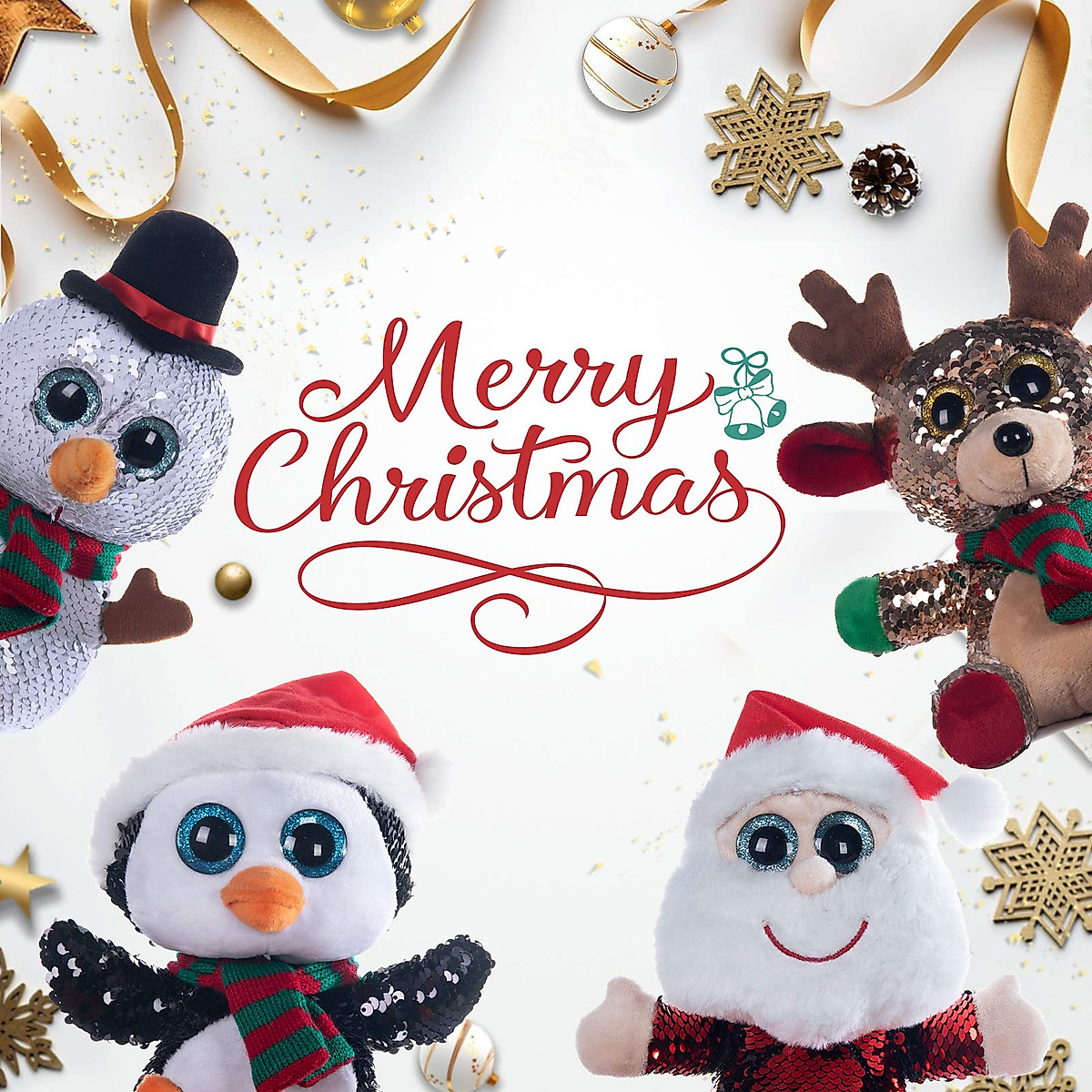 My OLi 7" Plush Christmas Stuffed Animals Flip Sequin Plush Christmas Santa Claus Penguin Snowman Reindeer Plush Toys Pack of 4 Christmas Ornaments for Kids