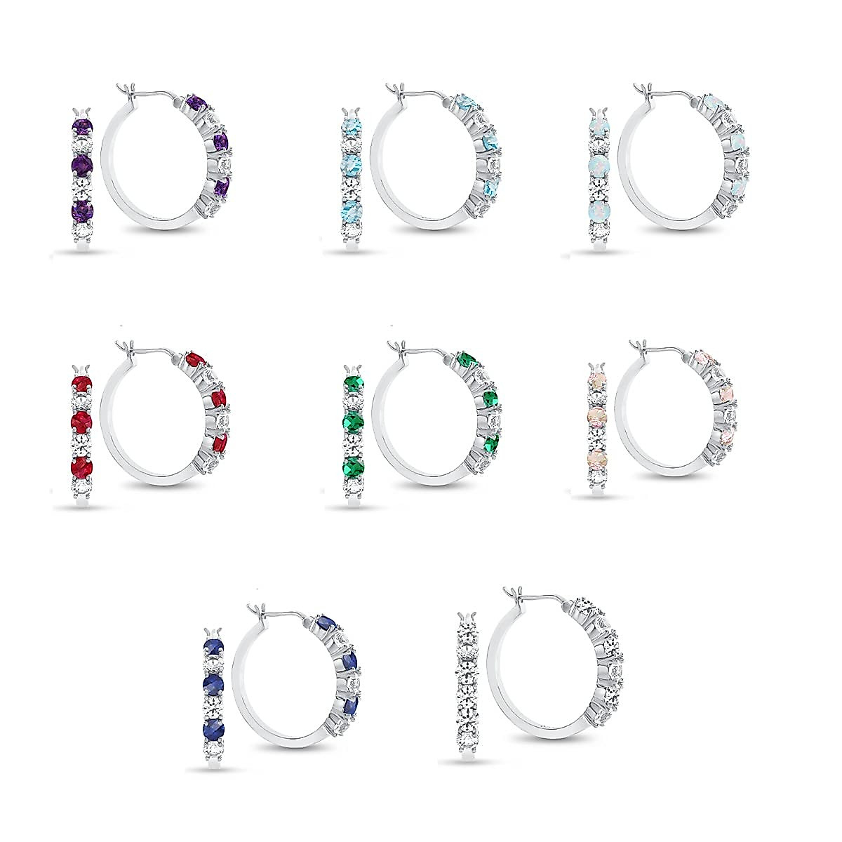 Tirafina Amethyst and Lab-Created White Sapphire Hoop Earrings, Alternating Stones, Birthstone Jewelry, Sterling Silver (3mm Stone)
