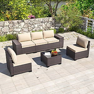 Halmuz 6 Piece Patio Furniture Sets Outdoor Conversation Sofa Set, All-Weather High Back PE Rattan Wicker Sectional Furniture Patio Sofa w/Tempered Glass Top Table&Thickened Cushions(Cream)