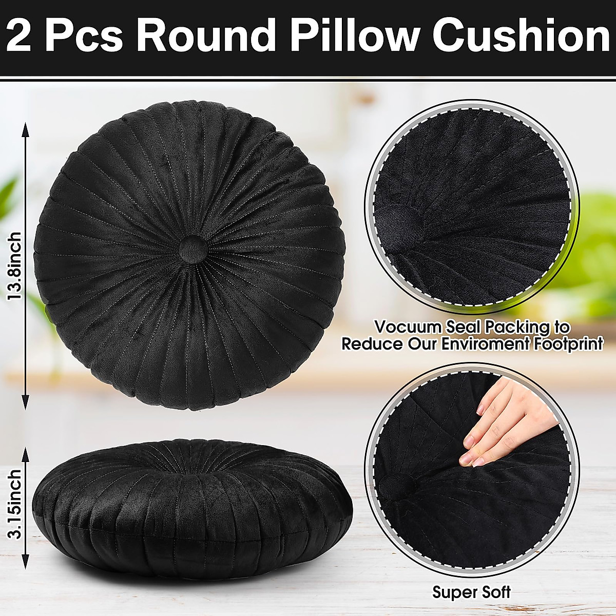 Namalu Round Throw Pillow 13.8 Inch Decorative Round Velvet Floor Pillows Small Pumpkin Throw Cushion for Living Room Sofa Bed(Black,2 Pcs)