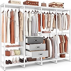 Aheaplus Wood Clothes Rack Wardrobe Closet for Hanging Clothes Heavy Duty Garment Rack, Large Corner L Shaped Closet System Organizers Walk-in Closet for Bedroom with 11 Shelves, 3 Wood Drawers, White