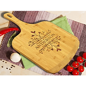 Personalized Bamboo Pizza Board with Handle Customized Wood Serving Cutting Pizza Board with Engraved Custom Name Monogram – Wedding, Anniversary, Housewarming, Birthday, Mom, Dad Gift