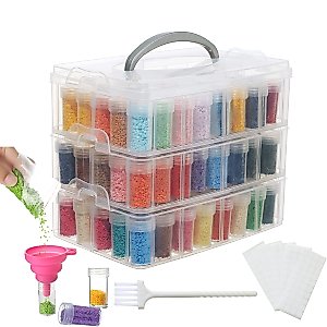 Douorgan 3-Tier Diamond Painting Storage Containers Portable Bead Organizer and Storage Box Stackable Arts & Crafts Organizers for Nail Charms Seed, 132 Round, Funnel, Stickers