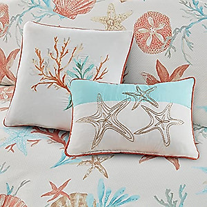 Madison Park Pebble Beach Cotton Duvet Set - Coastal, Starfish, Sealife Design, All Season, Breathable Comforter Cover Bedding, Matching Shams, Decorative Pillows, Coral Full/Queen(90"x90") 6 Piece