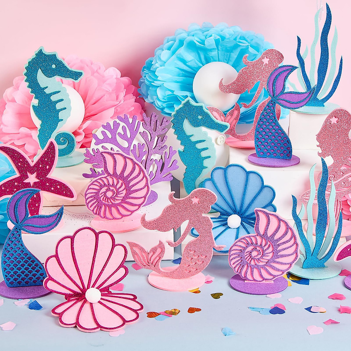 PAPER JAZZ Mermaid Party Decorations Glitter Mermaid Felt Table Centerpiece for Birthday Party Under The Sea Table Centerpiece Ocean Theme Decor for Baby Shower Supplies