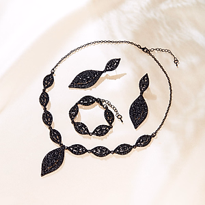 Flyonce Wedding Jewelry Set Rhinestone Crystal Bridal Leaf Necklace Drop Dangle Chandelier Earrings Sets Black Black-Tone