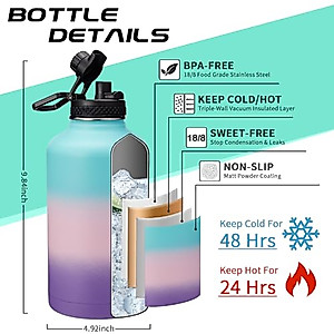 64OZ Insulated Water-Bottle with Paracord-Handle - Half Gallon Water Bottle Jug with Straw & Spout Lids, Bottle Sleeve & Boot, Keep Cold-48h Hot-24h for Fitness Outdoor Camping Hunting, Hiking