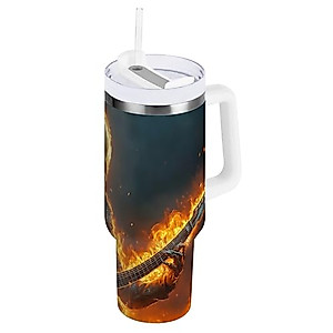 Jihqo Fire Skull Playing Guitar 40 oz Stainless Steel Vacuum Insulated Tumbler with Handle and Straw Lid, Leakproof Water Bottle Double Wall Travel Mug Coffee Cup, Cupholder Friendly