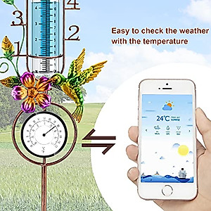 SYSUVANA Rain Gauge Outdoor with Outdoor Thermometer for Garden, Easy to Read Metal Stake with 7 Inch Replacement Glass Tube, Sunflower Hummingbird Décor for Yard Garden Patio Lawn