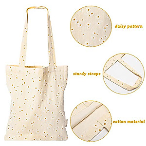 Haooryx Daisy Tote Bag Daisy Design Cotton Canvas Tote Bag for Women Students Cotton Shoulder Tote Bag Eco-friendly Tote Bag Bulk Reusable School Work Grocery Shopping Bag with Inner Pockets