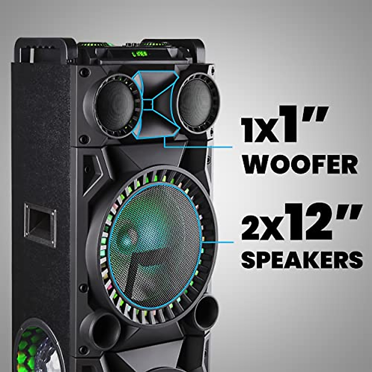 QFX PBX-1212 Bluetooth Rechargeable Dual 12” Woofer with 1” Tweeter Speaker System with Microphone Input, Guitar Input, Aux Input, USB Port, SD Card Port, TWS, Recording, FM Radio, LED Party Lights