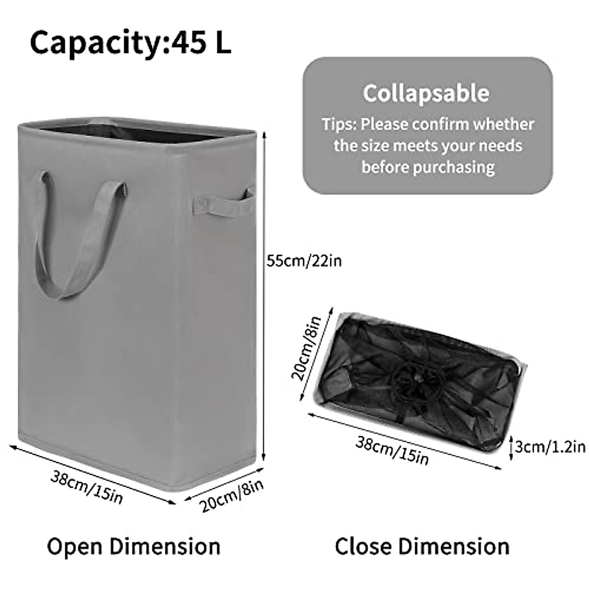 Chrislley 45L Slim Laundry Hamper Narrow Laundry Basket with Handle Foldable Dirty Clothes Portable Skinny Hamper Organizer Storage Bins (22 inches, grey)