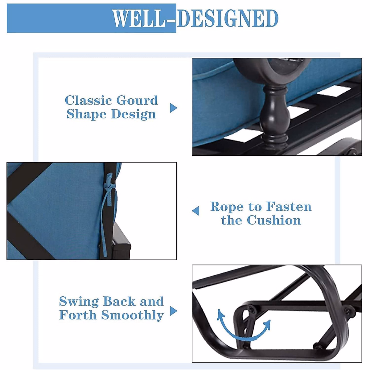 Incbruce 4Pcs Outdoor Metal Furniture Patio Conversation Sets (Glider, Bistro Table, 2 Spring Lounge Chairs) - Wrought Iron Outdoor Glider Chairs Sets (Peacock Blue)