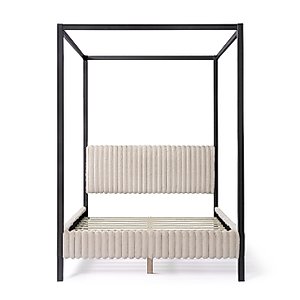 HOMES: Inside + Out Evadne Modern Canopy Bed Frame Queen Size with Channel Upholstered Headboard and Wooden Slats Support for Bedroom, Guest Room, No Box Spring Needed, Light Brown