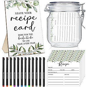 Geyoga 114 Pcs Recipe Cards Bridal Shower Favor for Guest 1 Leave Your Recipe Card Display Sign 1 PET Jar 100 Recipe Card Double Sided 12 Fine liner Ink Pen for Wedding Bridal Shower (Greenery)