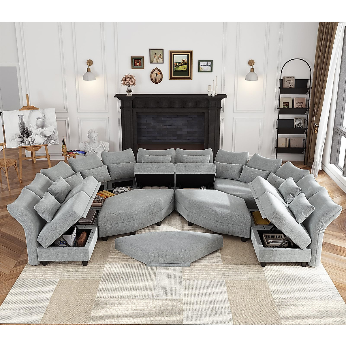 LLappuil U Shaped Oversized Sectional Sofa 167" Wide with 4 Diamond Ottomans, Chenille Modular Couches Sleeper Sofa with Storage and Adjustable Armrest for Living Room, Office, Entertainment, Grey