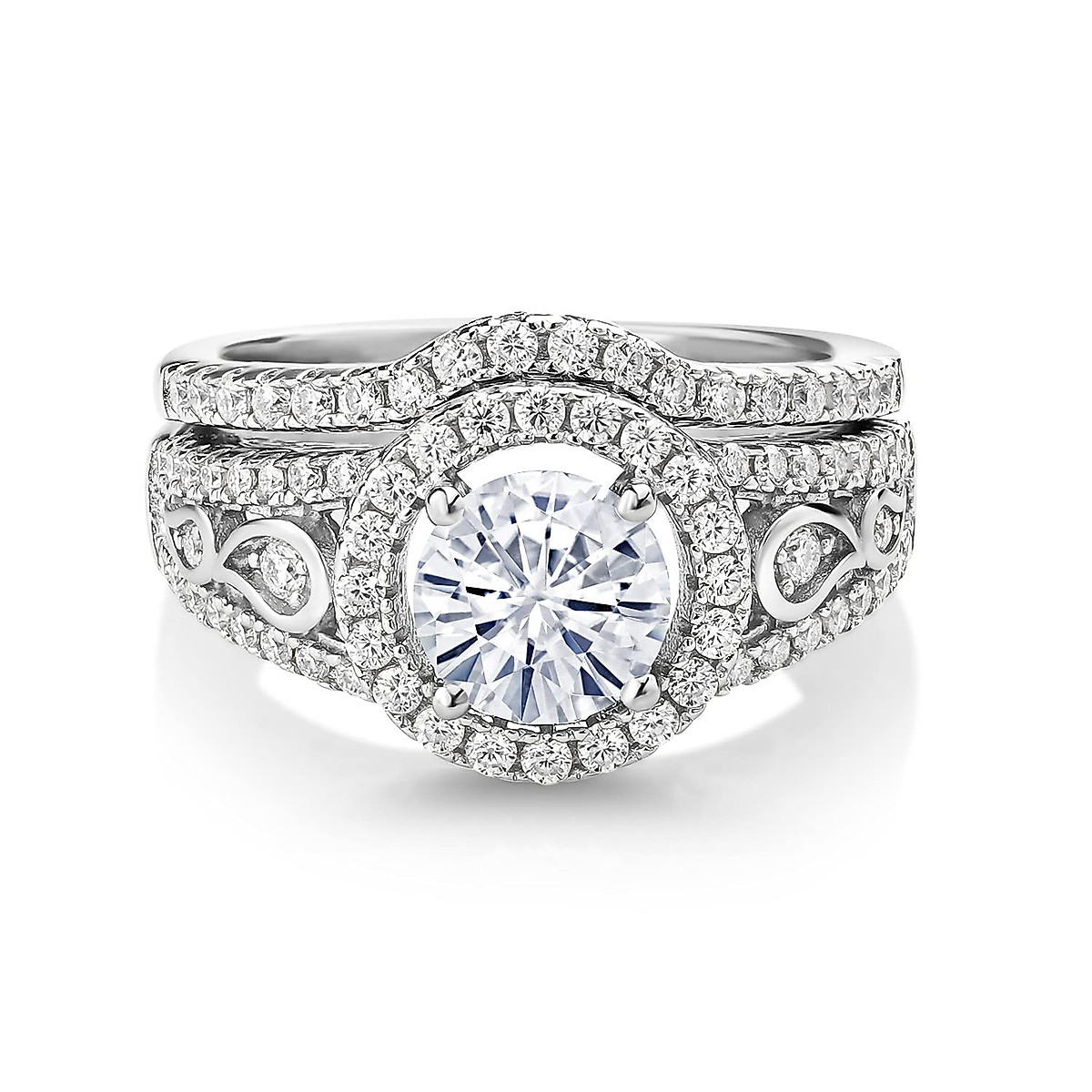 Gem Stone King 925 Sterling Silver Moissanite Women Wedding Engagement Ring Band Bridal Set (1.74 Cttw, Center 6.5MM, Available in size 5, 6, 7, 8, 9)