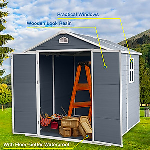 8x6FT Resin Outdoor Storage Shed, with Built-in Air Vent, Practical Window and Protective Cap, Tool House w/Padlock Compatible, 2 Pairs of Gloves, Waterproof & UV Protection, Grey