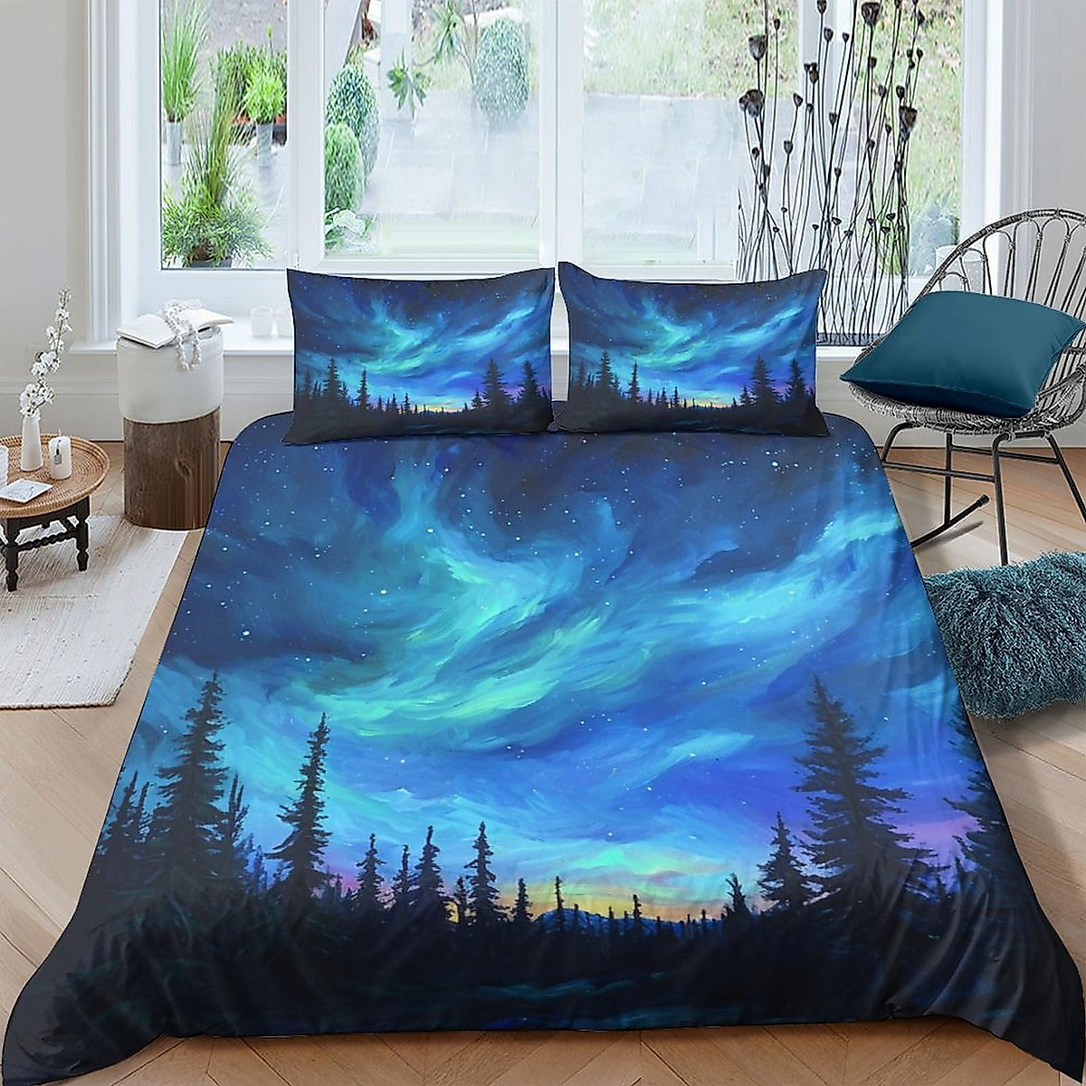 MIMIBEDDING Northern Lights for Boys Girls Comforter Covers 3D Print Blue Quilt Cover Duvet Cover with Pillow Cases Bedding Set Soft Microfiber with Zipper Closure 3 Pieces Queen（228x228cm）