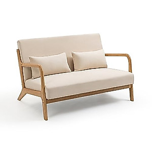 ARSURA Leisure Chair with Solid Wood Armrest and Feet, Mid-Century Modern Accent Sofa, for Living Room Bedroom Studio, 2 seat, Beige