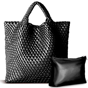 Ann Bully Woven Bag for Women, Vegan Leather Tote Bag Large Summer Beach Travel Handbag and Purse Retro Handmade Shoulder Bag-Black