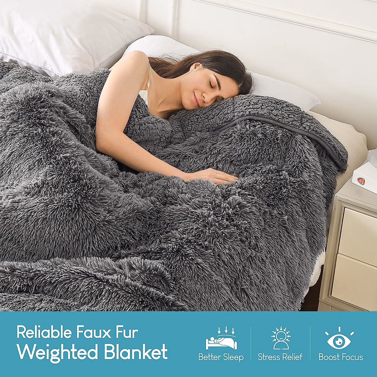Cottonblue Faux Fur Reversible Sherpa Weighted Blanket 15lbs,Luxury Snugly Long Fur Warm Heavy Blanket 60x80 inches,Super Soft Fuzzy Fleece Blanket for Cold Days,Gray