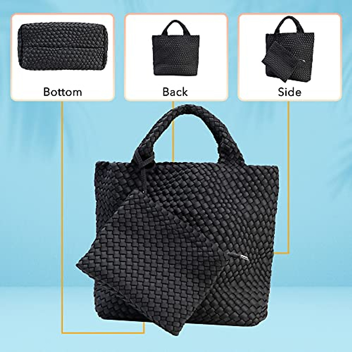 State of Bliss Onyx Neoprene Woven Hobo Tote with Top Handle and Detachable Woven Wristlet Clutch - Lightweight, Water-resistant, and Spacious Designer Lookalike Tote Bag for Beach, Gym, and Travel