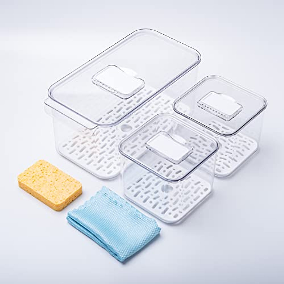 AZONEIN Clear Plastic Stackable Storage Boxes - 3 PCS Kitchen Fruit Freezer Storage Containers Fridge Organisers Bins With Valve And Removable Drain Board…