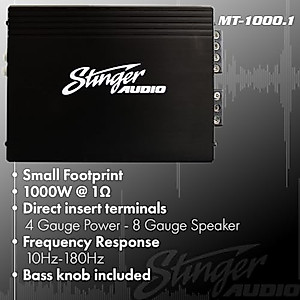 STINGER Audio MT10001 Monoblock Class D Mosfet Power Supply Amplifier with Remote Subwoofer Level Control,1000 Watts RMS.