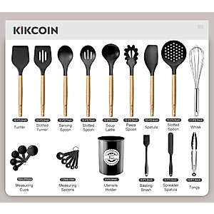 23 PCS Kitchen Utensils Set, Kikcoin Wood Handle Silicone Cooking Utensils Set with Holder, Spatulas Silicone Heat Resistant Cooking Gadgets for Nonstick Cookware, Black
