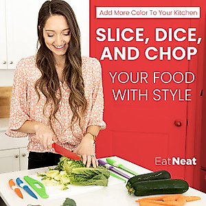 EatNeat 12 Pc Colorful Kitchen Knife Set - Camper Must Haves 5 Stainless Steel Knives with Safety Sheaths 5 pc Cutting Board and Kitchen Knife Set