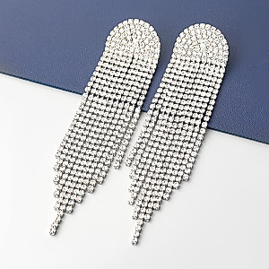 fxmimior Boho Rhinestones Tassels Statement Silver Earrings for Women Long Chain fashion for Wedding (Silver)