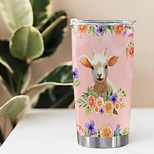 Goat Tumbler With Flip Lid - Flower Stainless Steel Insulated Travel Mug for Hot and Cold Drinks, Hiking, Camping, Office - 20oz Coffee Cup