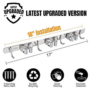 Broom Mop Holder Wall Mount 16" Installation Broom Mop Hanger Organizer Stainless Steel 3 Racks 4 Hooks for Bathroom Kitchen Office Closet Garden
