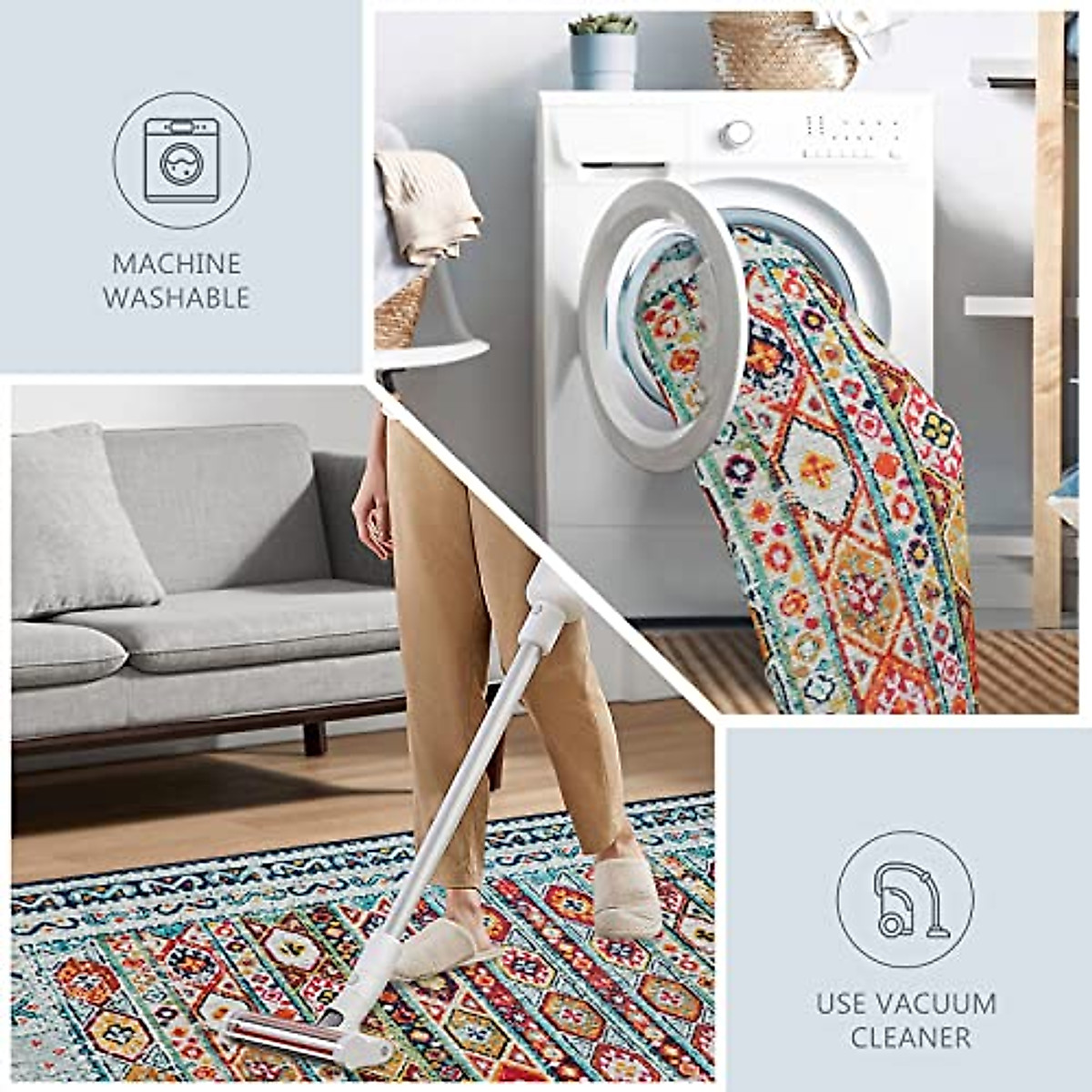 Wonnitar Bohemian Area Rug - Washable 3x5 Entry Rug Non-Slip Colorful Throw Rug,Boho Living Room Kitchen Mat Low-Pile Geometric Indoor Floor Carpet for Laundry Mudroom Dining Table
