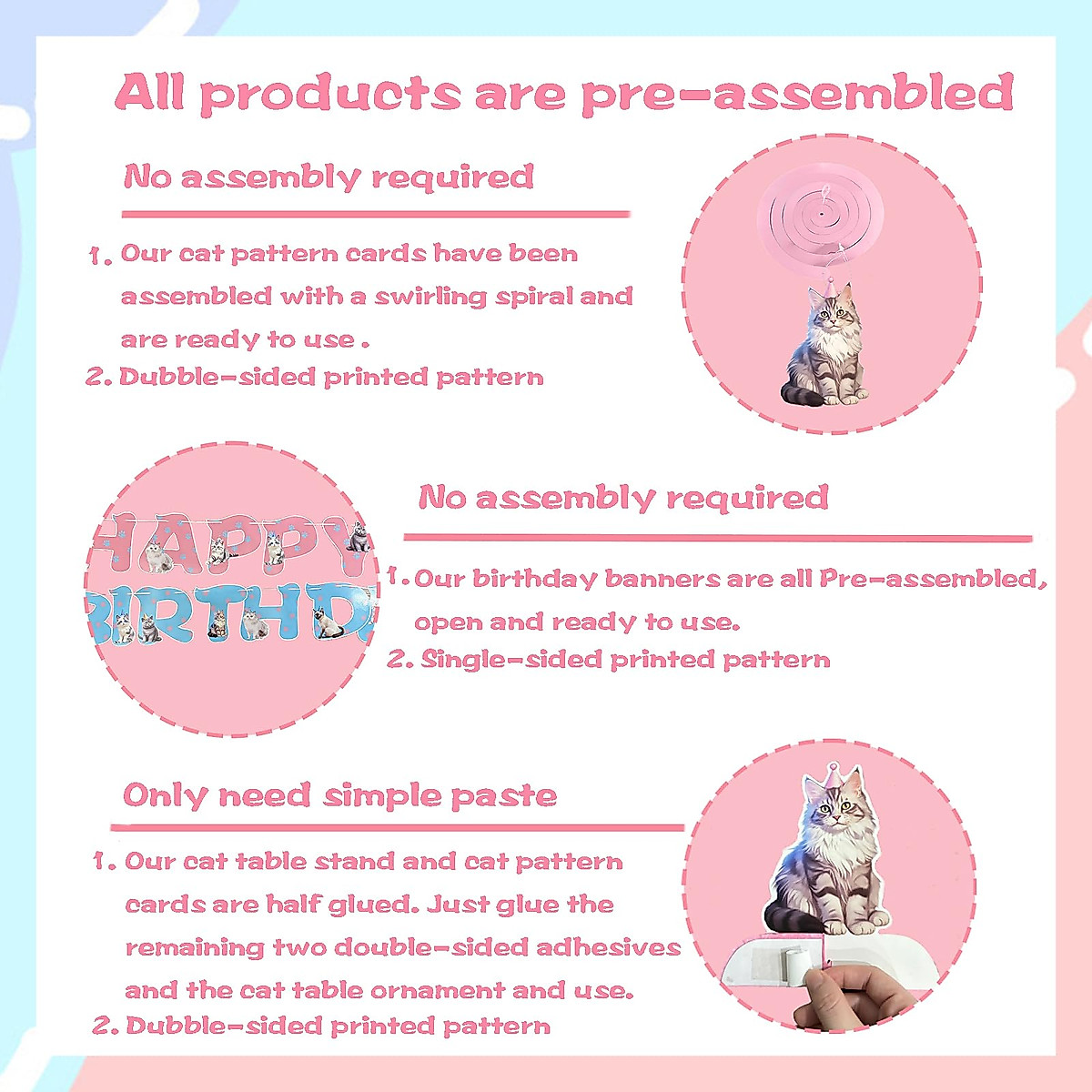 Pre-assembled Cat Birthday Party Supplies Cat Birthday Party Decorations Banner with 6 Cat Hanging Cutouts 6 Hanging Swirl Decor and 3 Birthday Honeycomb for Kids Girls Party Decorations