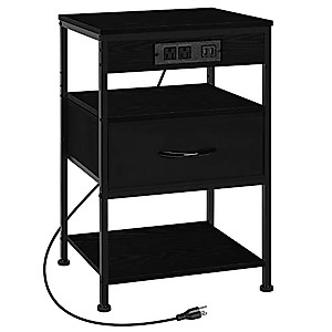 NORCEESAN Black Nightstand with Charging Station, Bed Side Table with USB Ports & AC Outlets, Small End Bedside Tables with Drawer Charging Night Stand 3 Tier Table for Bedroom Living Room Farmhouse