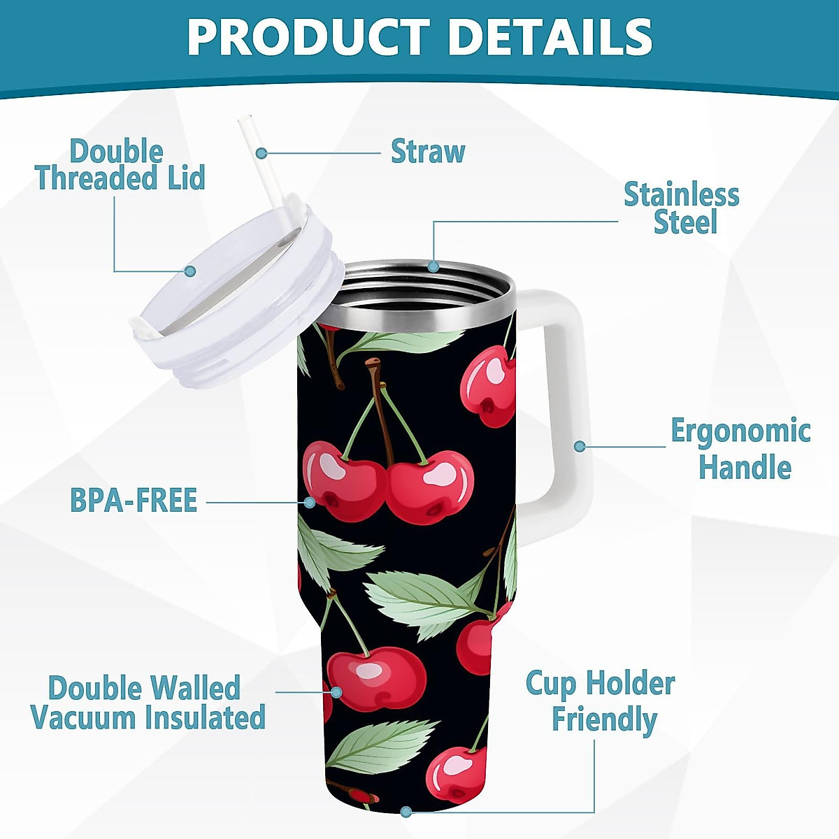 ARGTILDN 40 oz Tumbler Cherry Fruit Leaves Insulated Travel Mug with Handle and Straw Lid Stainless Steel Vacuum Coffee Cup Tea Beverage Container Water Bottles for Car Sports office