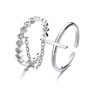 Double Open Cross Faith Rings for Women Silver Plated CZ Geometric Chain Unique knuckle Stacking Finger Adjustable Statement Engagement Ring Gifts for Her Bff Xmas