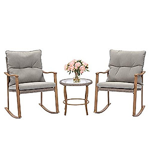 HOMPUS 3-Piece Outdoor Rocking Chairs Bistro Set Wicker Patio Furniture Set Wood Arm Rest Patio Rockes Set w Warm Gray Cushions, Front Porch Rocking Chairs with Glass Coffee Table for Balcony,Garden