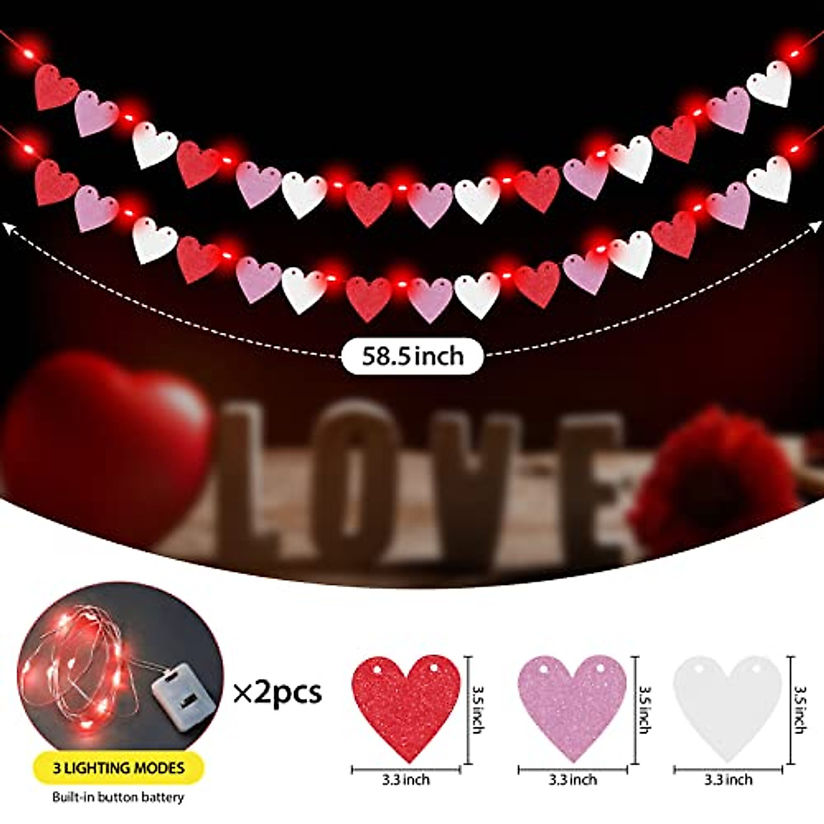 2 Pieces Heart Garland Banner for Valentines Day with Red Led Lights Decorations Red Pink White Heart Felt Banners Garland for Fireplace, Anniversary, Wedding, Engagement Party Home Decor (Style 2)