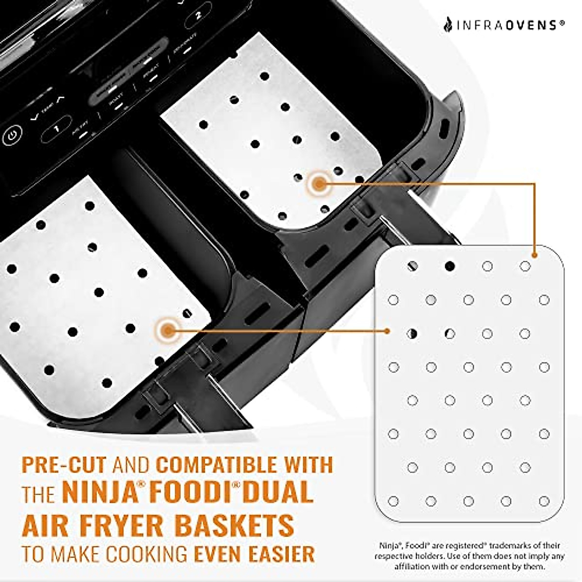 Air Fryer Parchment Paper Accessories for Ninja Foodi Dual Air Fryer 100 pcs DZ201, DZ401, Air Fryer Paper Liners & Heat Resistant Mat, Double Basket Ninja Accessories Sheets for Basket by INFRAOVENS