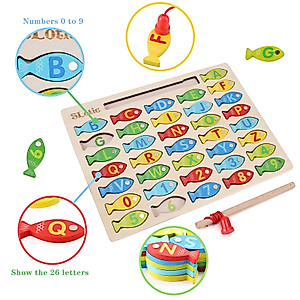 Slotic Magnetic Wooden Fishing Game Toy for Toddlers - Alphabet ABC Fish Catching Counting Learning Education Math Preschool Board Games Toys Gifts for 3 4 5 Years Old Girl Boy Kids