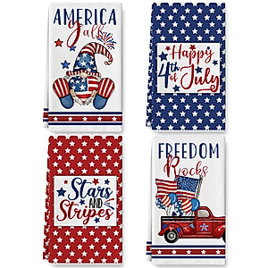 AnyDesign Patriotic Kitchen Dish Towel 4th of July Stars Stripes Dishcloth American Flag Truck Gnome Decorative Hand Drying Tea Towel for Independence Day Memorial Day Cooking Baking, 4Pcs, 18 x 28