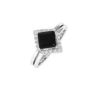 Princess Cut Black Onyx Ring with Diamond Enhancer Band, 5 MM, AAA Quality, Wedding Engagement Ring Set for Women, 14K White Gold, Size:US 6.00