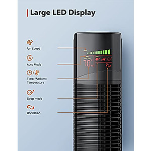 Mirdred Tower Fan with Remote, 36” Bladeless Fan, 70° Oscillating Fan for Bedroom, 3 Speeds, 3 Modes, 12H Timer, LED Display, Quiet Cooling Standing Floor Fans for Home Living Room Office, Black