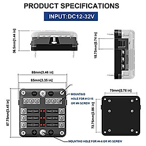 UMISKY 6-Way Fuse Box Blade Fuse Blocks with LED Warning Indicator Damp-Proof Cover for 12V/24V Automotive Car Truck Boat Marine Bus RV Van, 6 Circuit Independent Positive Negative