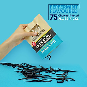 Dental Guru Charcoal Dental Floss Picks - Refreshing Peppermint Flavor - Biodegradable Handles for Sustainable Oral Care - Removes Plaque, Tartar & Prevents Bad Breath - Pack of 12 (75 Count/Pack)