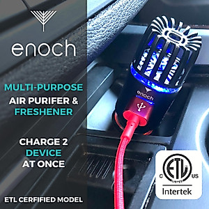 Enoch Ionic Car Air Purifier with Dual USB Car Charger. Car Air Freshener Eliminates Odor, Dust. Removes Smoke, Pet and Food Odor. Ionic Ozone Car Deodorizer (Matt Black)